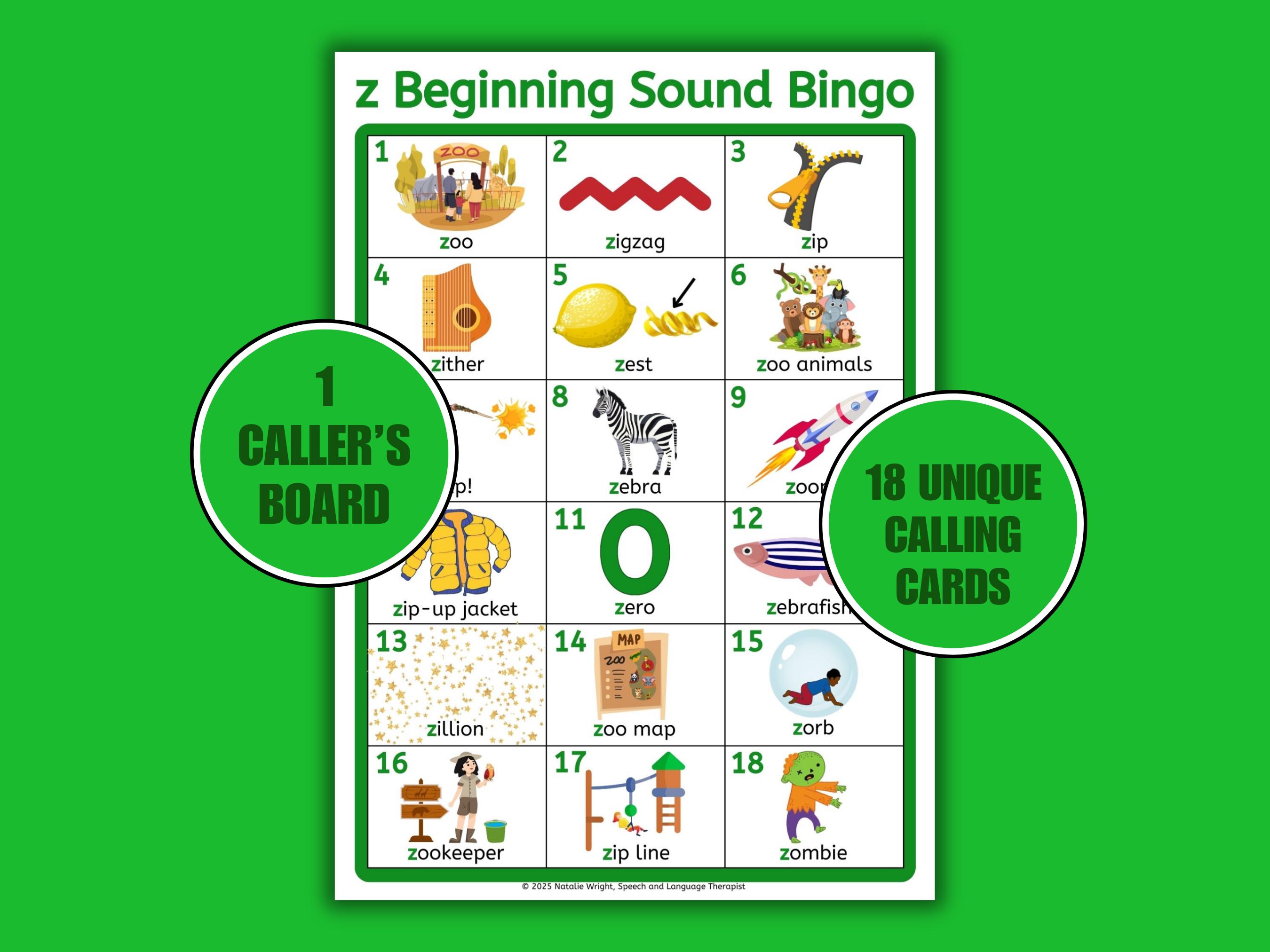 Z Sound Bingo Game, Speech Therapy Articulation Cards, Phonics Activity ...