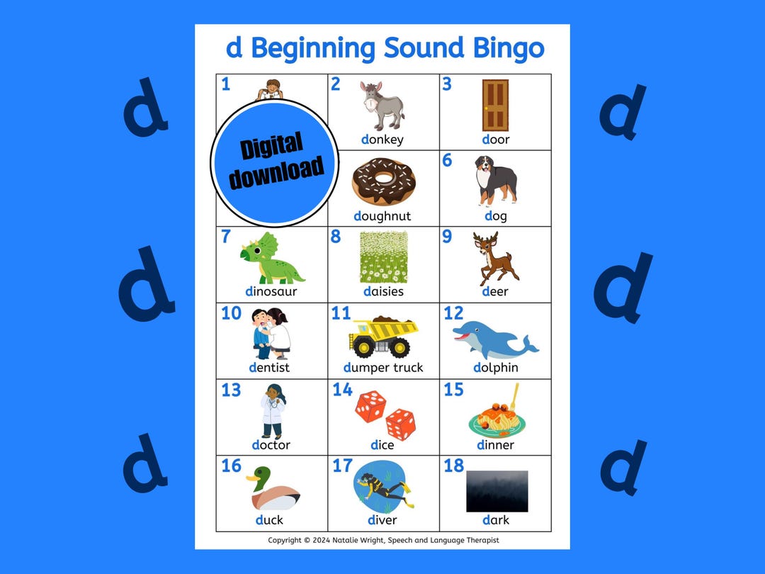 D Speech Sound Bingo Game Printable, Beginning Sound Card, Speech ...