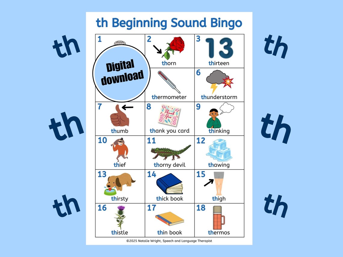 Th Speech Sound Bingo Game Printable, Beginning Sound Card, Speech ...