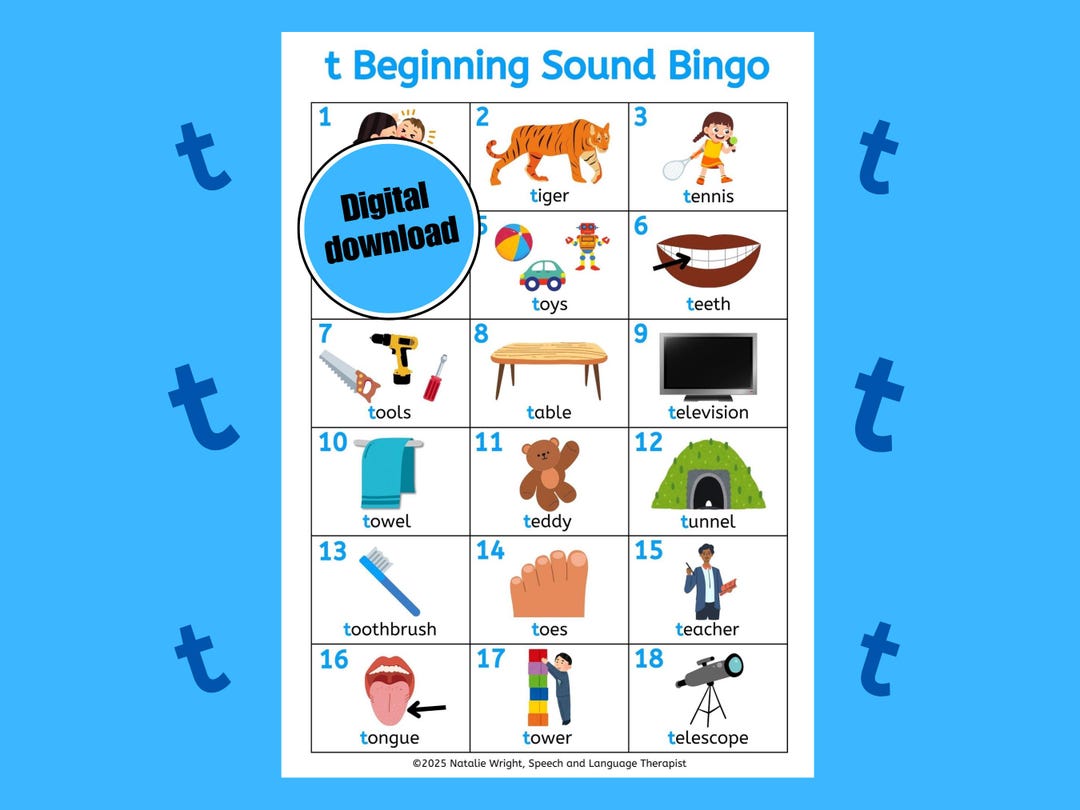 Speech Therapy Bingo Game: T Sound Speech Articulation Cards (digital ...