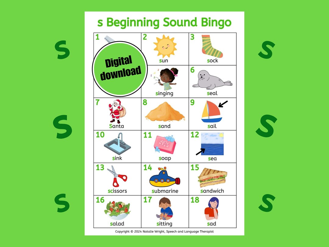 S Speech Sound Bingo Game Printable, Beginning Sound Card, Speech ...