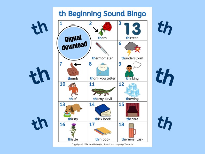 Th Speech Sound Bingo Game Printable, Beginning Sound Card, Speech ...
