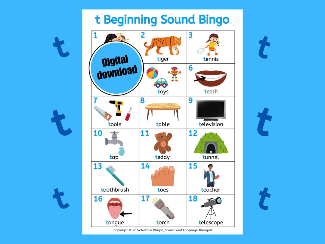T Speech Sound Bingo Game Printable, Beginning Sound Card, Speech ...