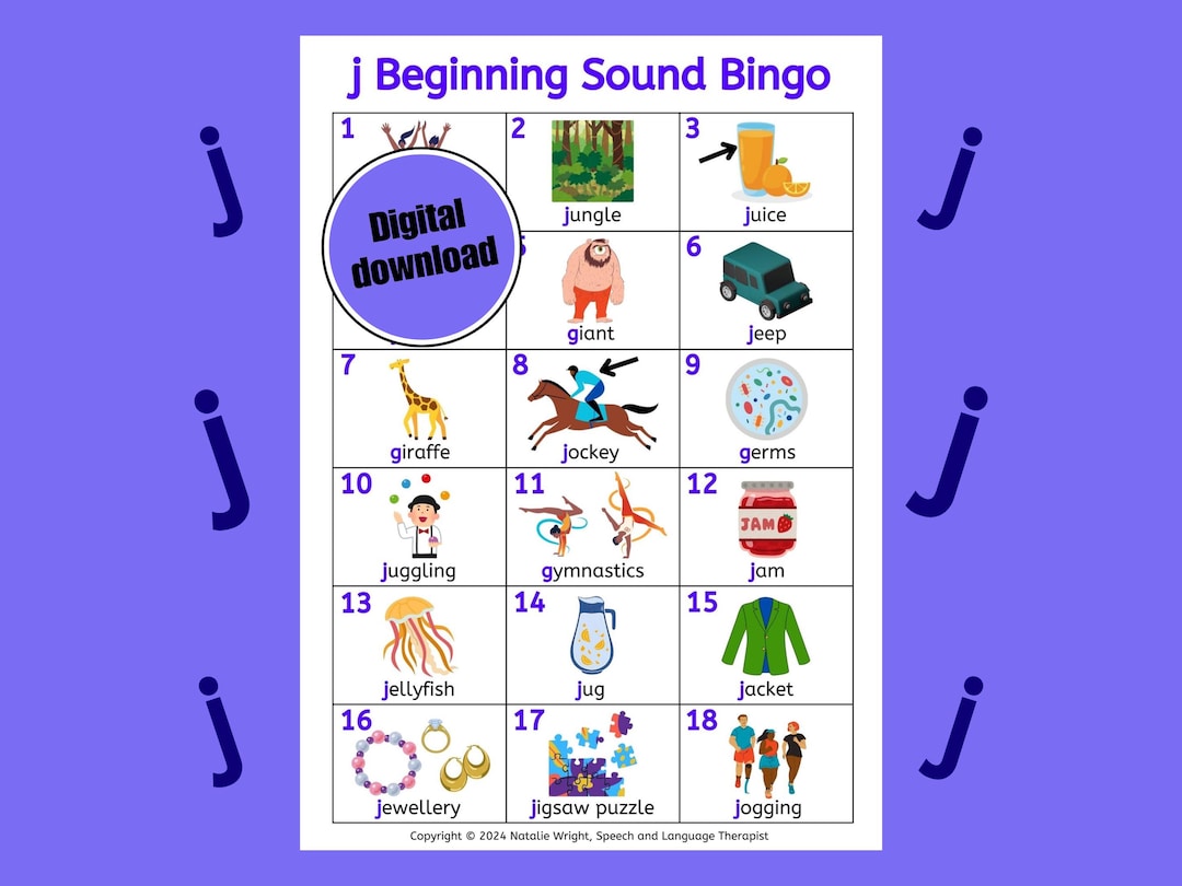 J Sound Bingo Game, Speech Therapy Articulation Cards, Phonics Activity ...