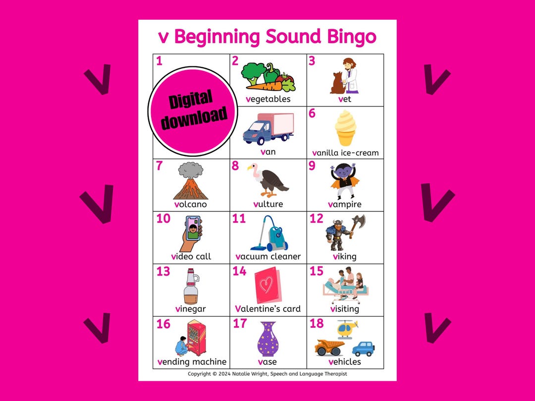 V Speech Sound Bingo Game Printable, Beginning Sound Card, Speech ...