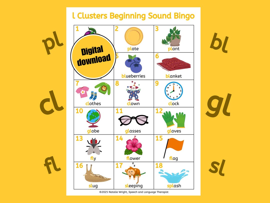 L Clusters Speech Sound Bingo Game Printable, Beginning Sound Card ...