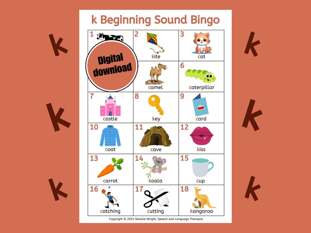 K Speech Sound Bingo Game Printable, Beginning Sound Card, Speech ...