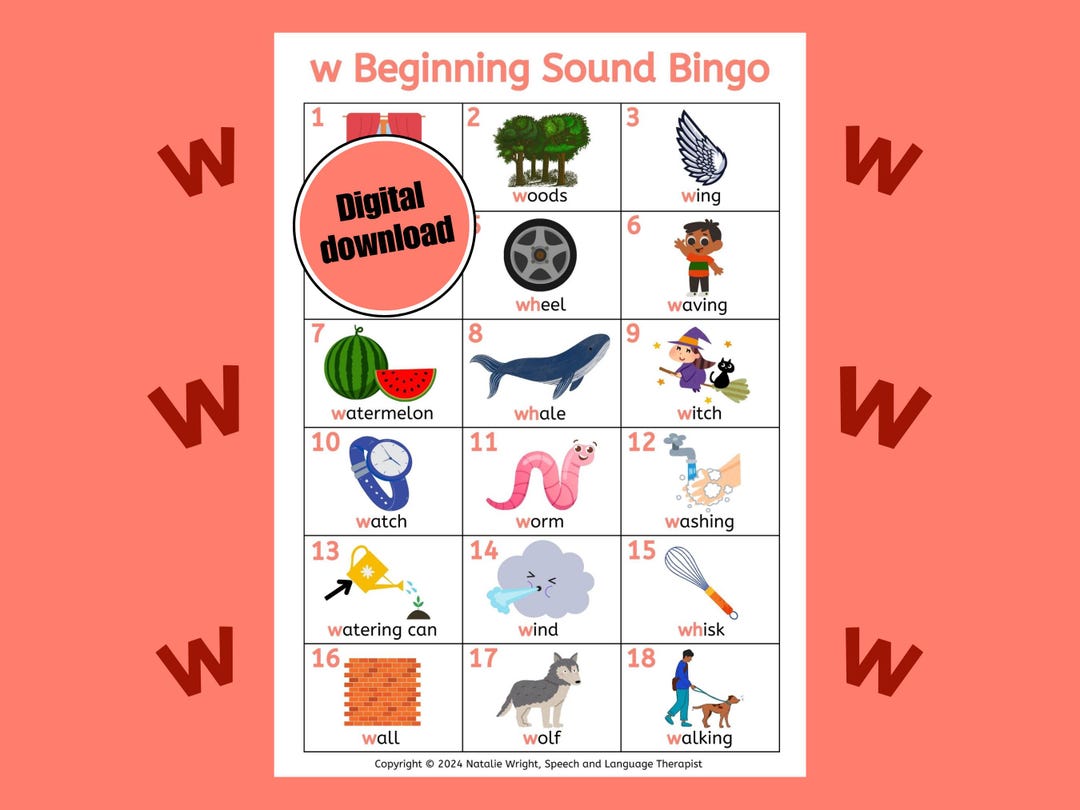 W Speech Sound Bingo Game Printable, Beginning Sound Card, Speech ...