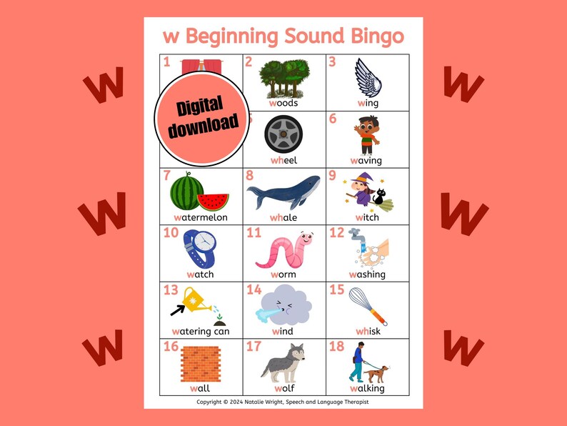 W Speech Sound Bingo Game Printable, Beginning Sound Card, Speech ...