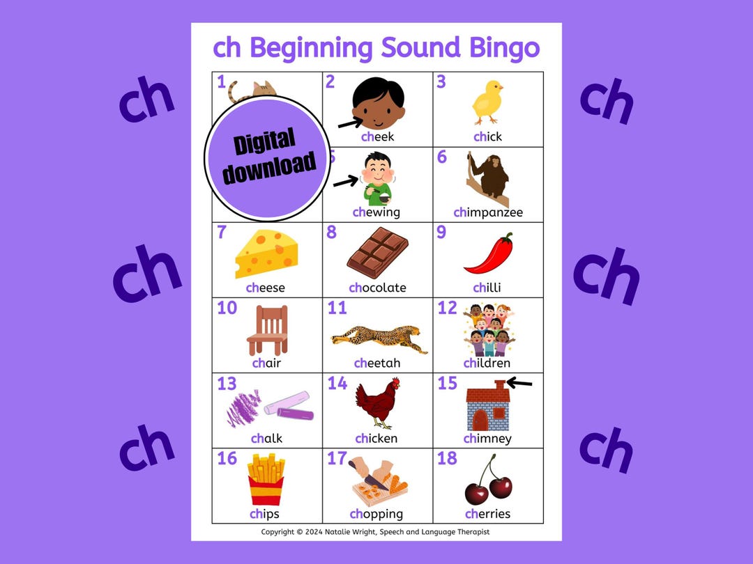 Ch Speech Sound Bingo Game Printable, Beginning Sound Card, Speech ...
