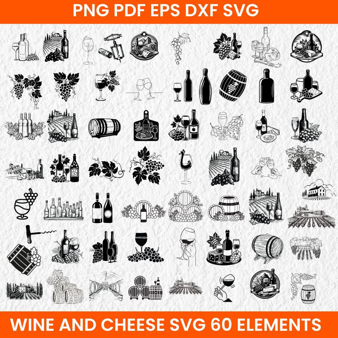 Wine and Cheese Svg Bundle, Wine Clipart, Grape Svg, Wine Barrel Svg, Cheese Svg, Wine Glass Svg ...