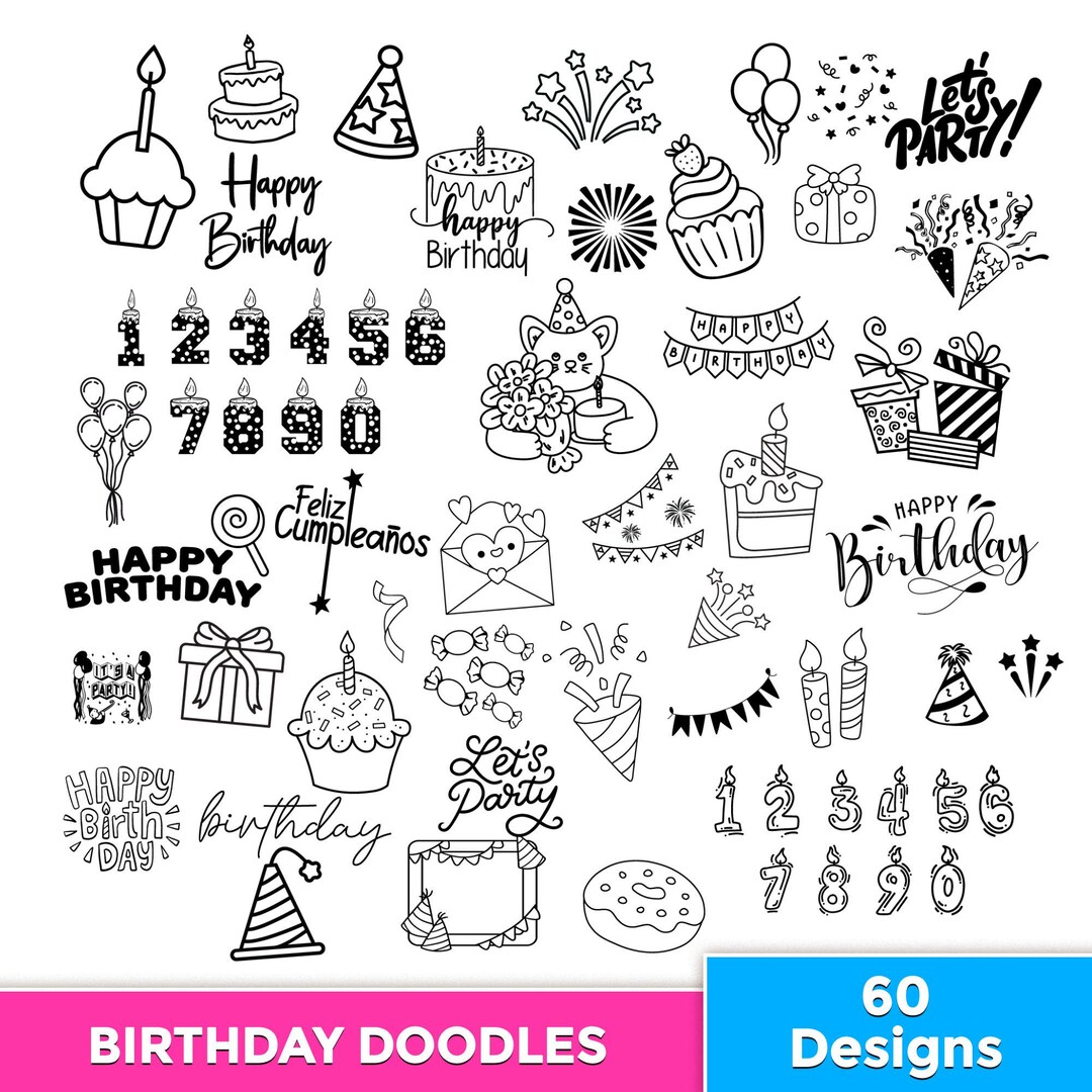 Doodle Birthday Clipart, Doodle Party Set Svg, Doodle Drawings ...