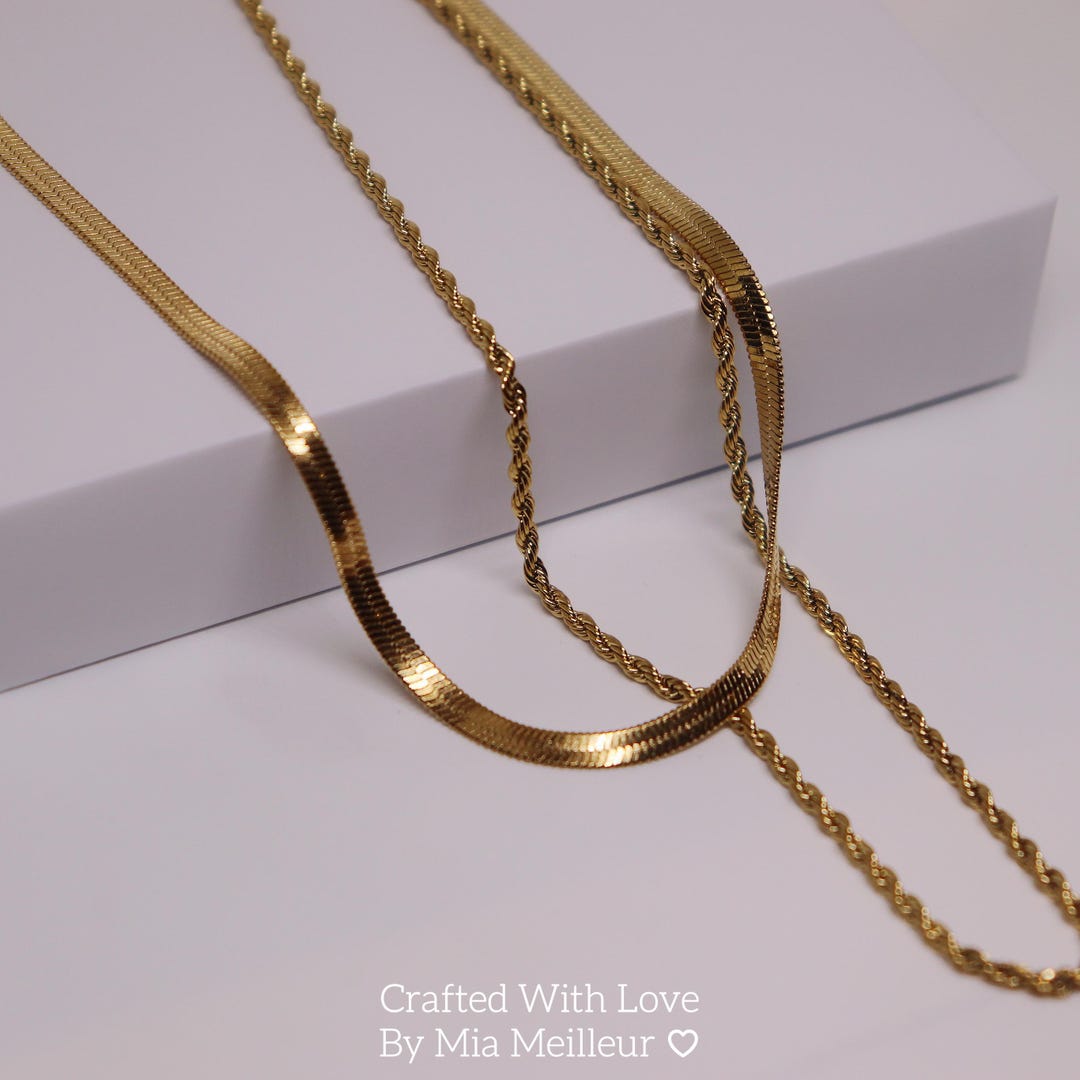 Double Layer Gold Chain Necklace, Stacking Herringbone Necklace, Flat ...