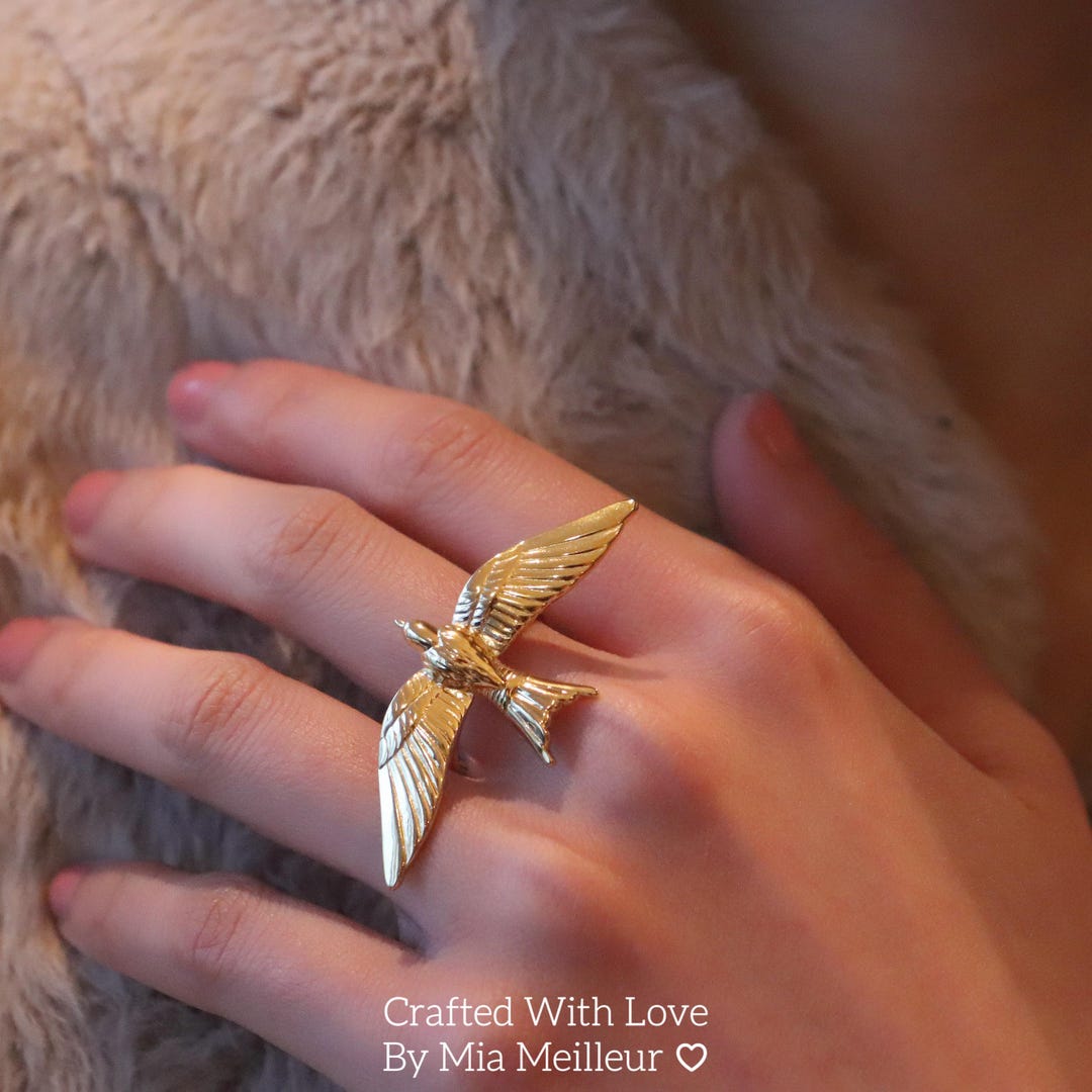Flying Bird Gold Ring, Bold Statement Ring, Adjustable Ring, Couple Ring, Nature-inspired ...