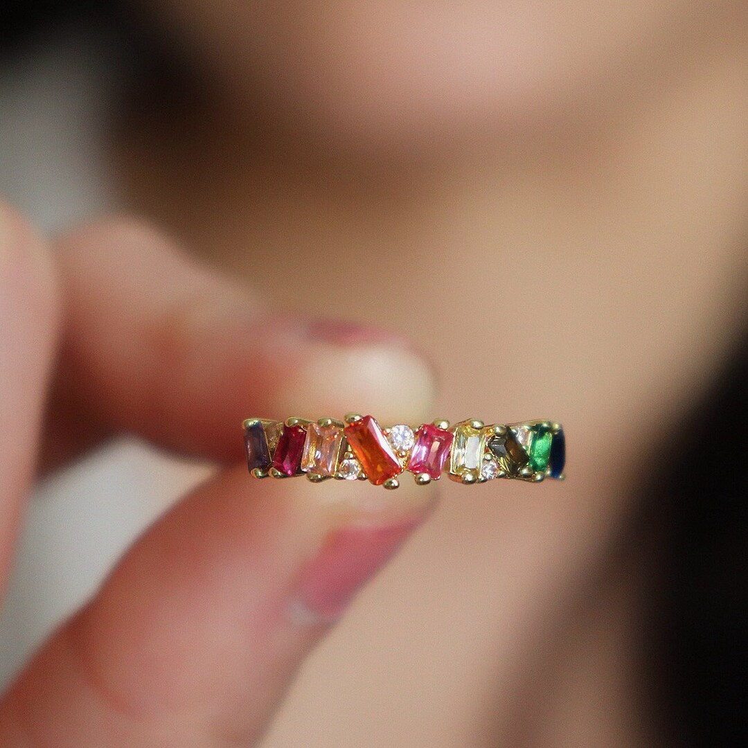 Rainbow Gemstone Gold Eternity Band, Gold Firework Multi-stone Cluster ...
