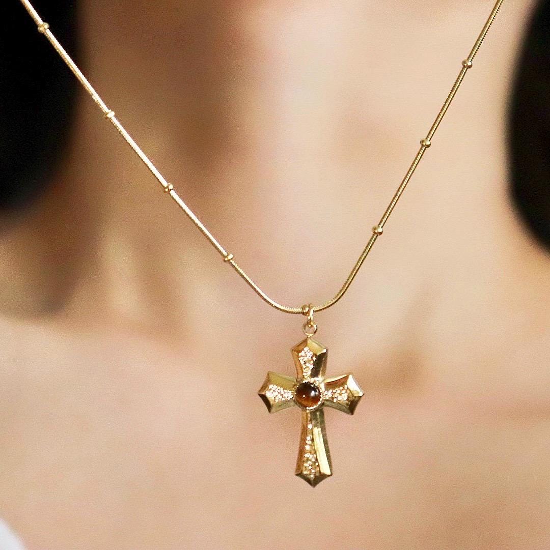 Tiger Eye Cross Pendant Necklace, Cross Gemstone Bead Necklace ...