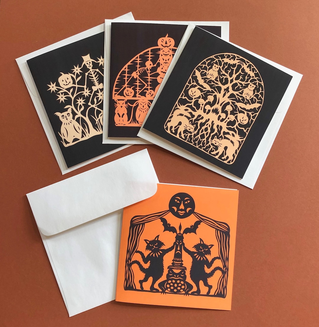 Whimsical Halloween Note Card Set of 4 - From Original Paper Cuts by ...