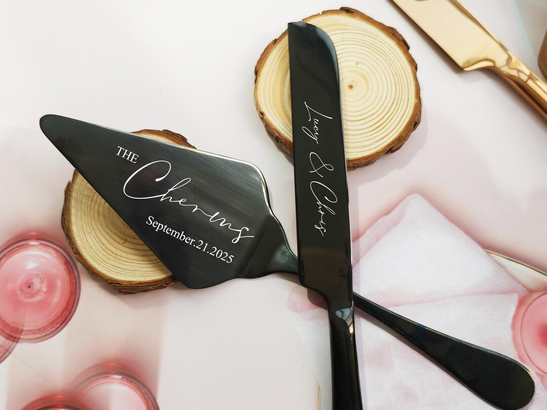Personalized Wedding Cake & Knife Set, Laser Engraved Stainless Steel ...