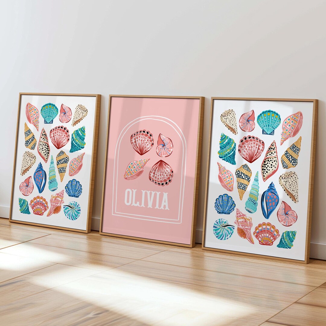 Custom Seashell Prints Cute Girly Coastal Personalized Set of 3 ...