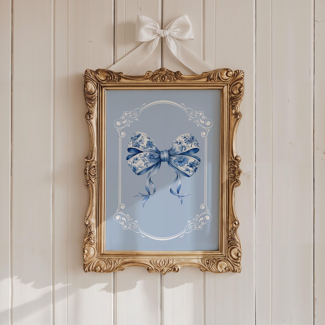 Blue Bow Print Chinoiserie Print Coquette Room Decor Girly Bow Wall Art ...