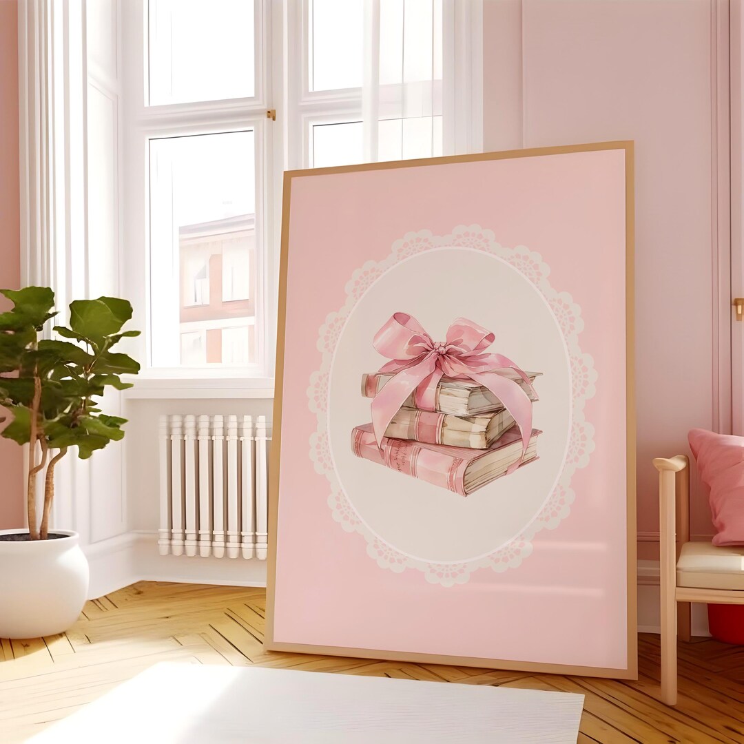 Cute Pink Book Poster Coquette Bow Print Preppy Bookstack Art Vintage ...