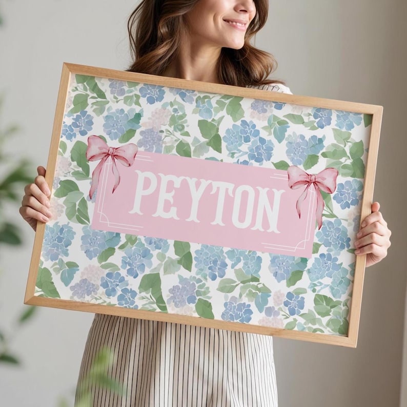 Floral Hydrangea Name Print Personalized Nursery Wall Art Grand ...