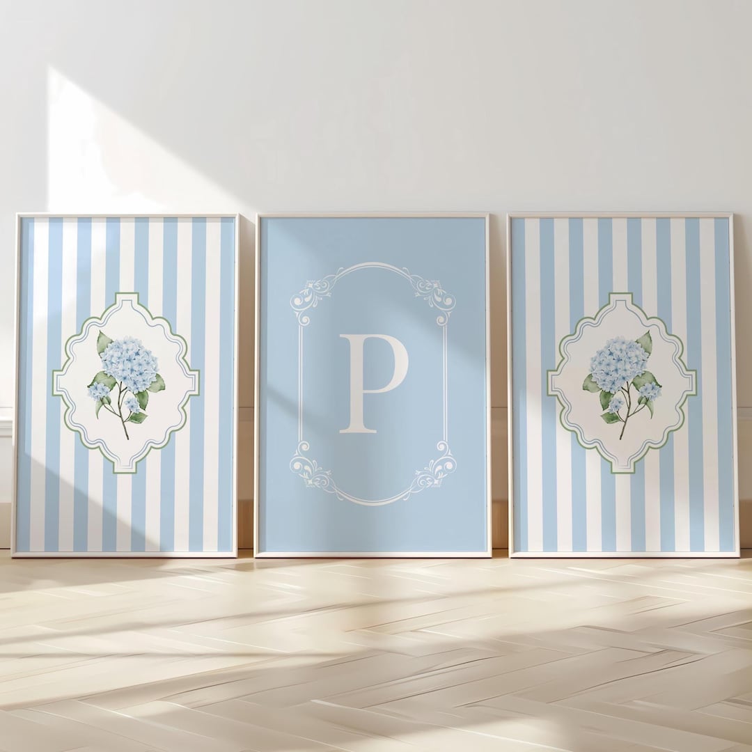 Light Blue Monogram Hydrangea Print Set of 3 Grand Millennial Custom ...