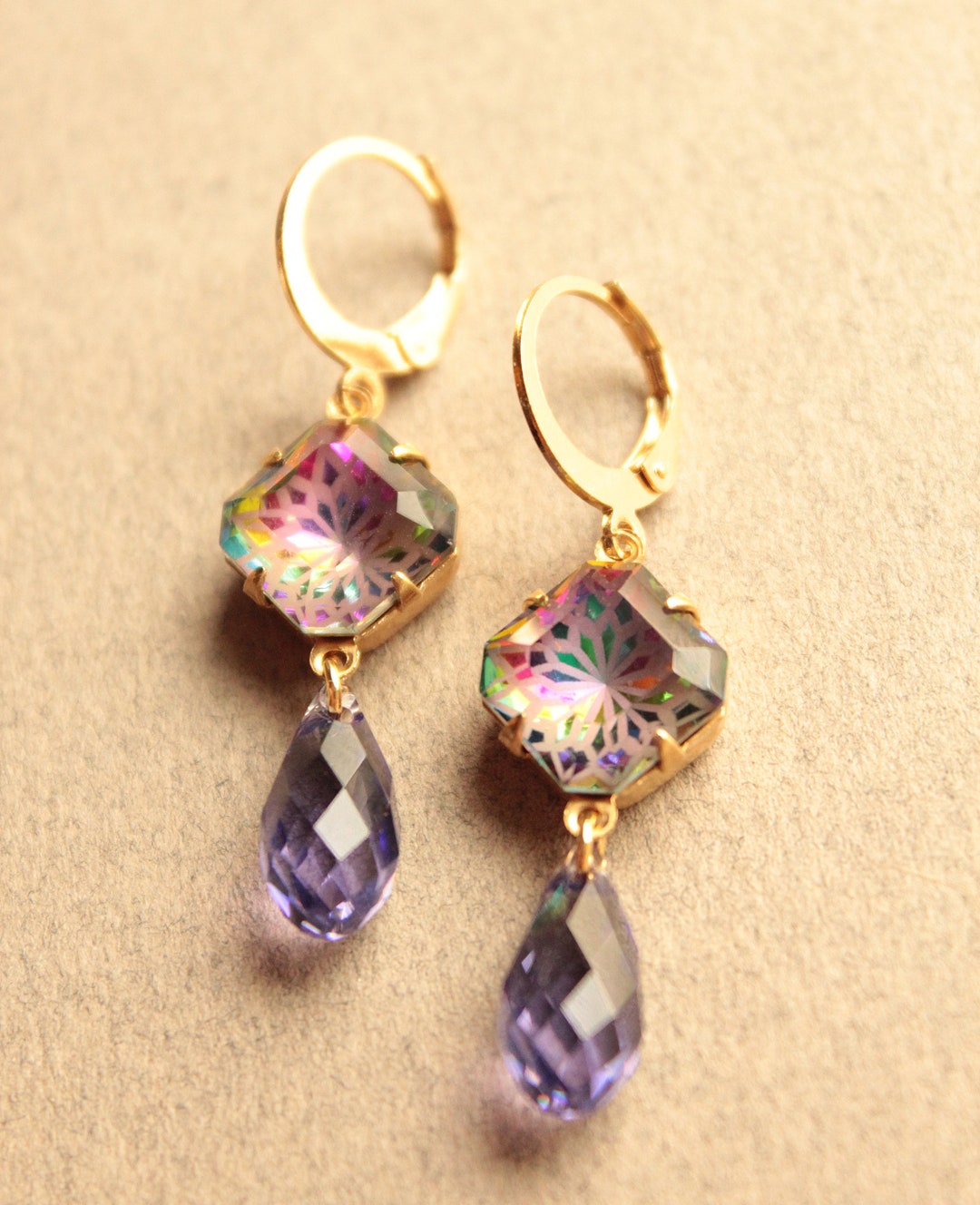 Octagon Glass & Crystal Earrings Brass Settings Gold-plated Leverback ...