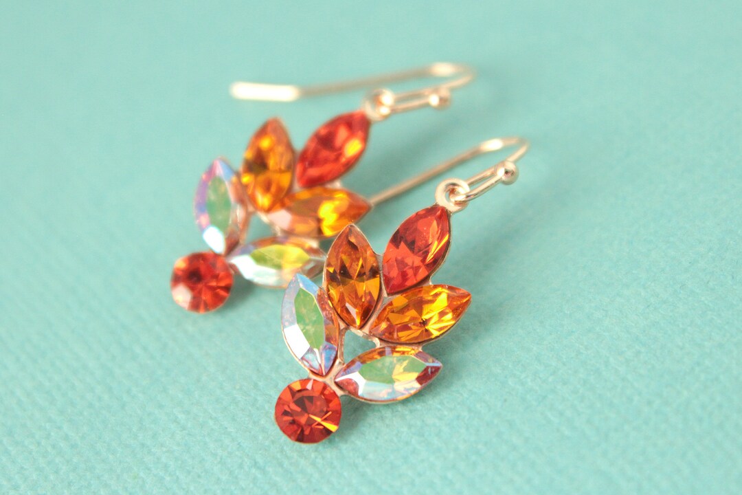 Crystal & Rose Gold Plated Leaf Design Earrings - Orange Mix - Etsy
