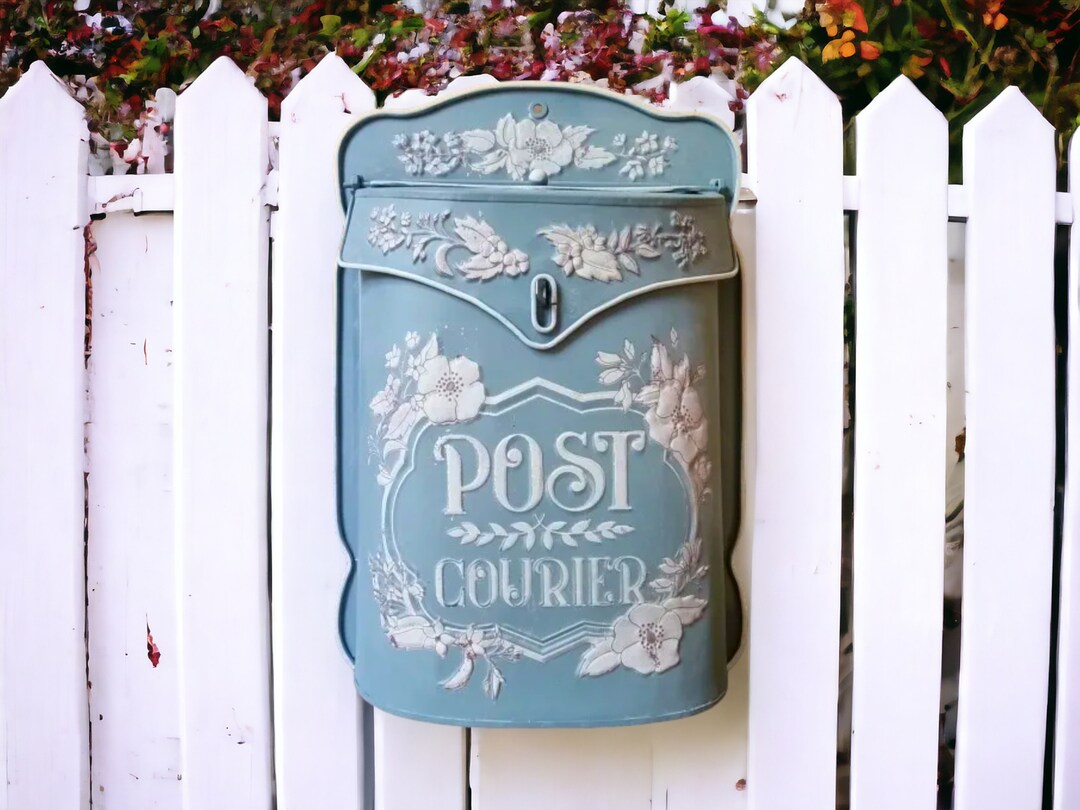 Vintage Style Post Box Blue Flowers, Antique Mailbox, Rustic Mail ...