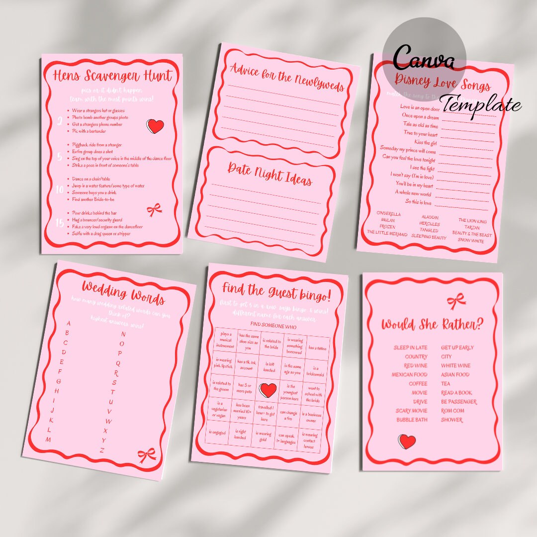 Tying the Knot Games Set Template DIY Canva Games Template Pink and Red ...