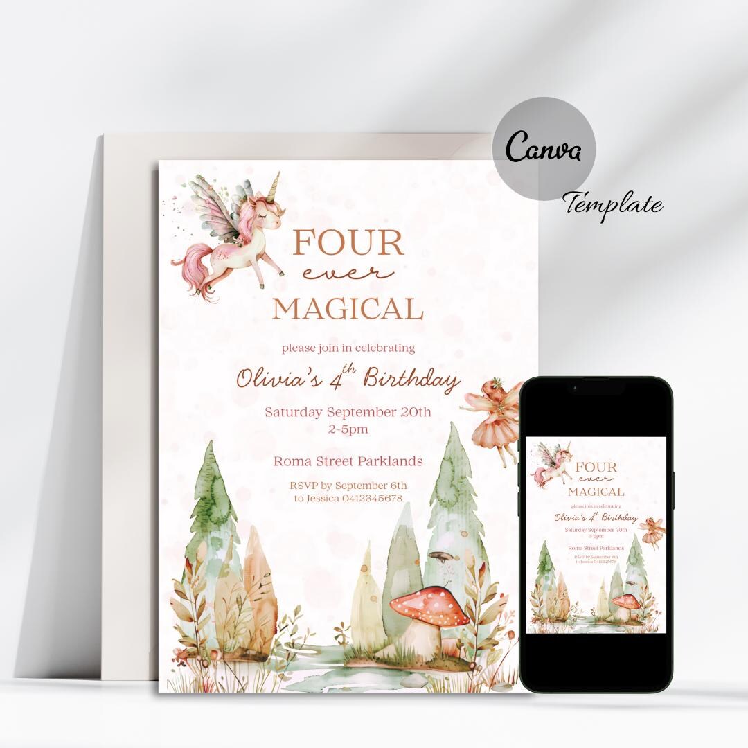 Four-ever Magical Kids Birthday Invitation Template, Fairy Unicorn ...