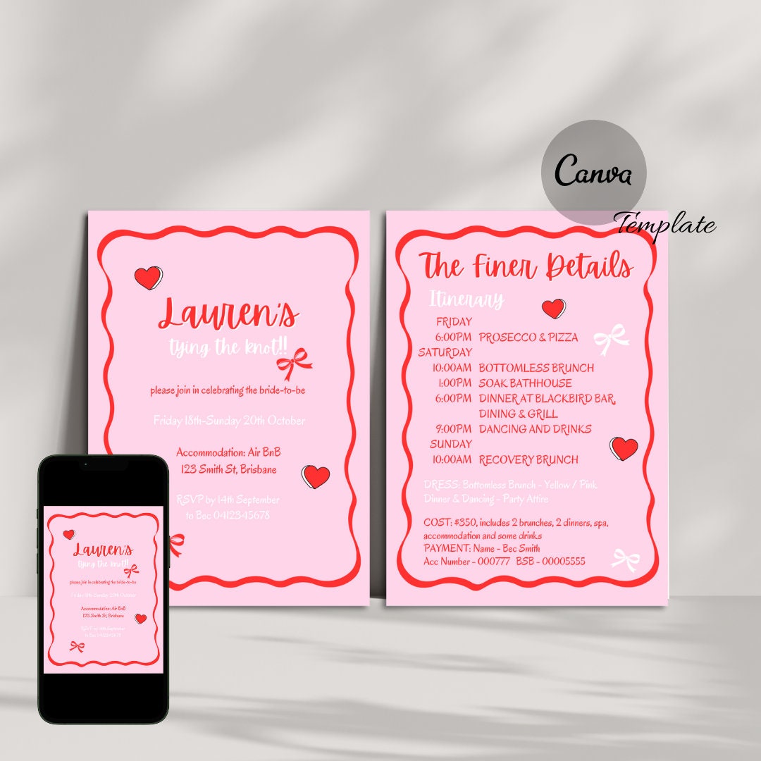 Tying the Knot Invitation Set Template DIY Canva Invitation Template Pink and Red Theme Bridal ...