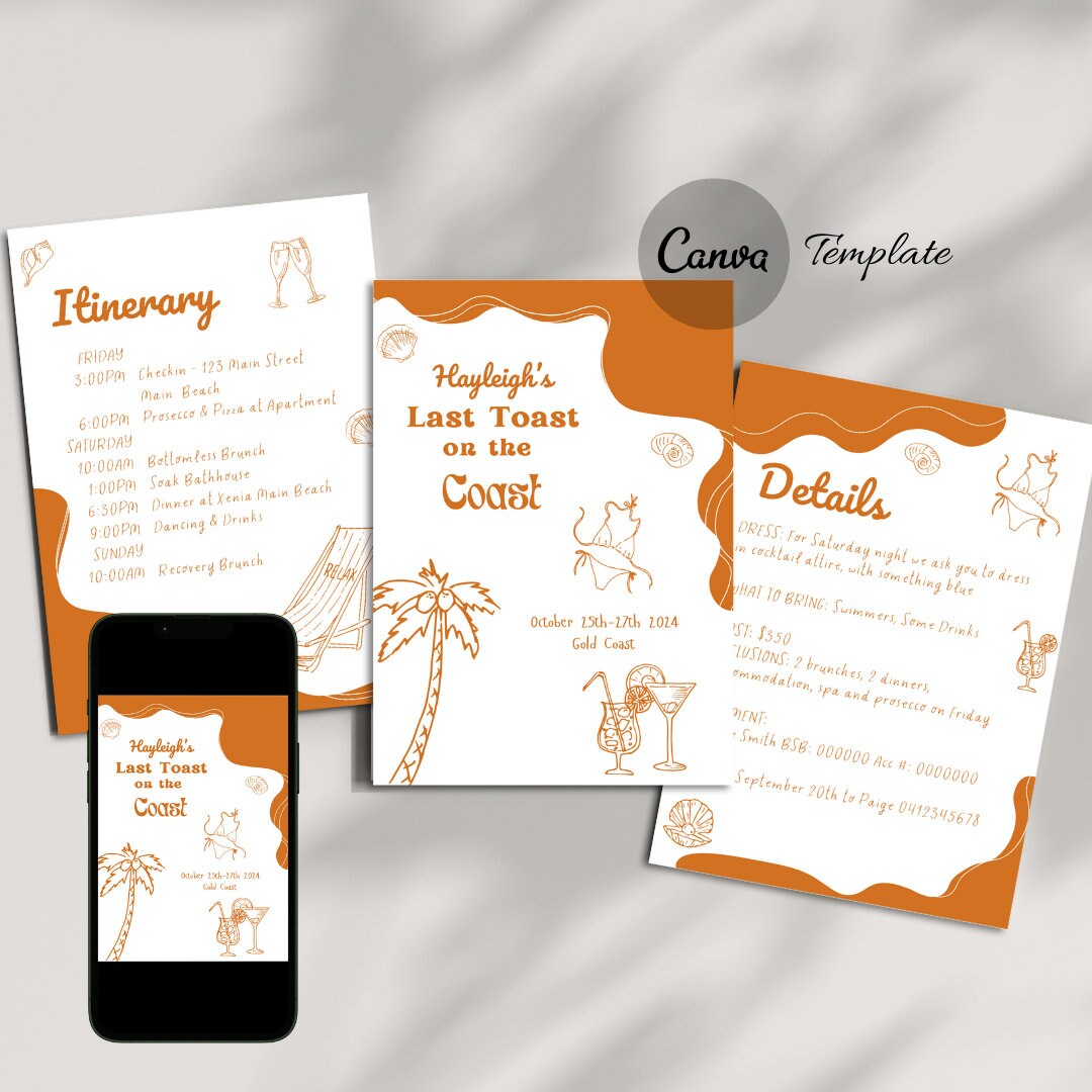 DIY Canva Bachelorette Invitation Template Last Toast on the Coast Rust ...