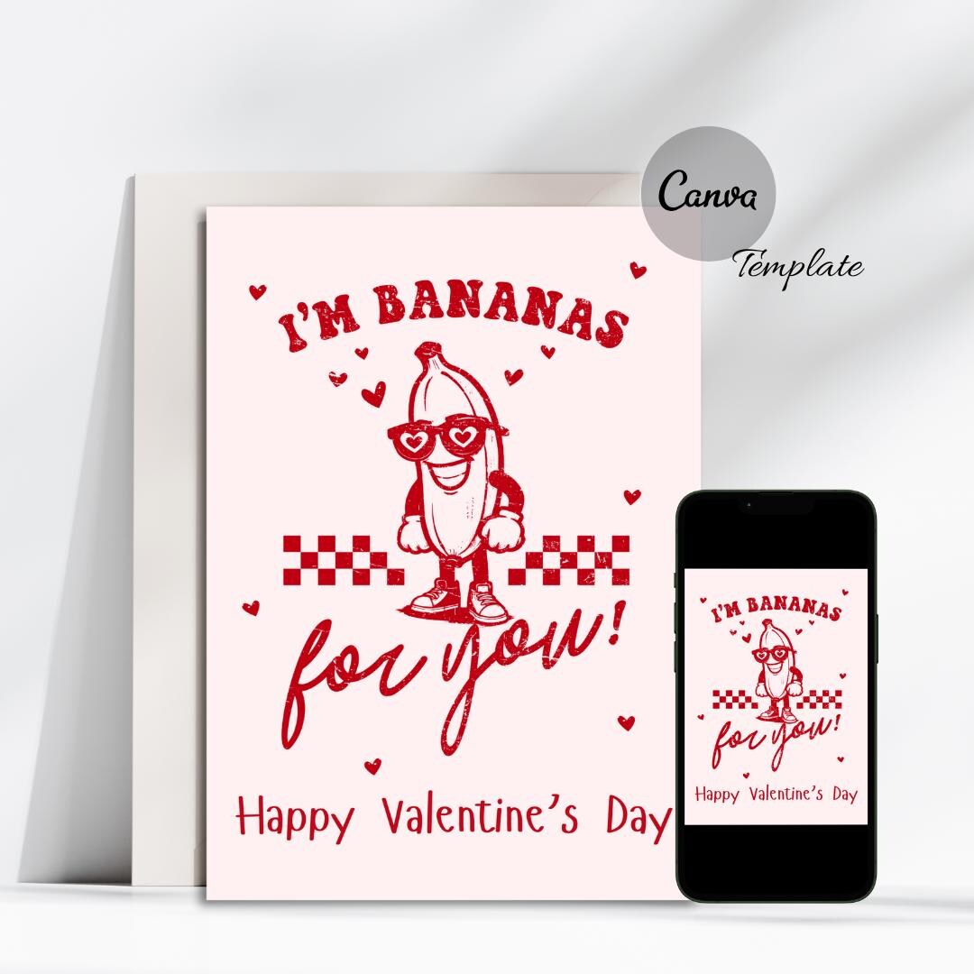 DIY Valentine's Card Template I'm Bananas for You Anniversary Greeting ...