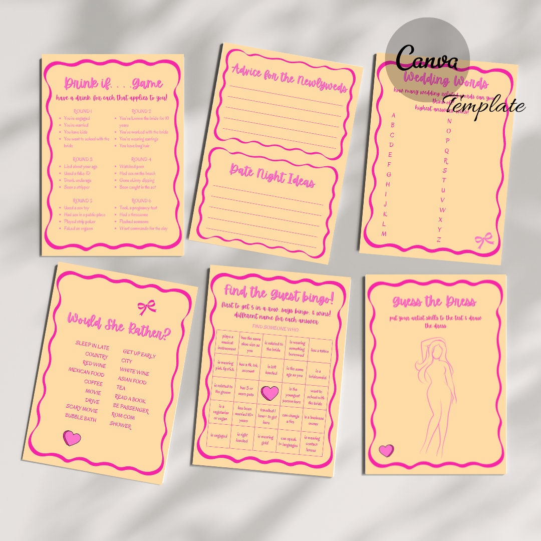 DIY Canva Hens Games Template Tying the Knot Games Set Template Pink ...