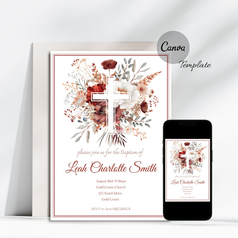 DIY Canva Christening Invitation Template Floral Burst Baptism ...