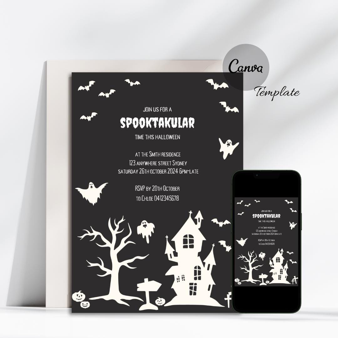 DIY Halloween Invitation Canva Template Spooktacular Black and White ...