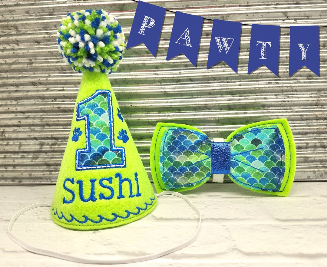 Dog Birthday Hat and Bow Tie in Lime Green, Gotcha Day Party Hat ...