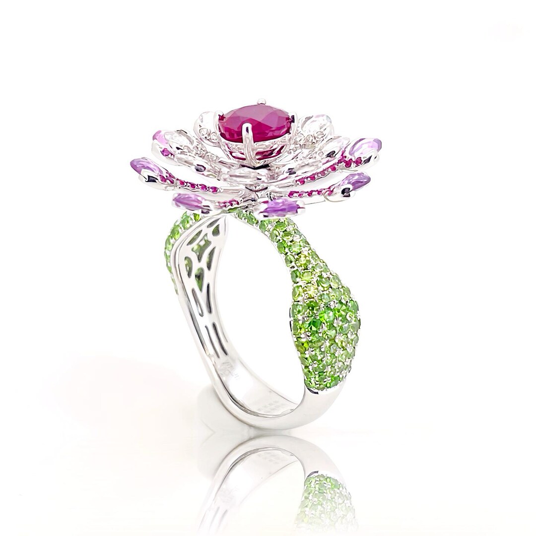 1.05 Carat Burma Ruby Ring, Demantoid, Pink Sapphire, Diamond Accents ...