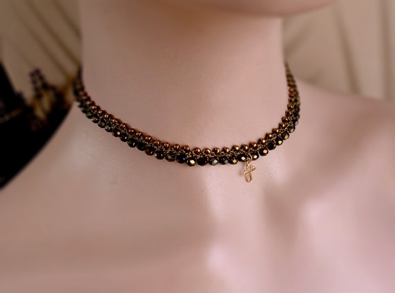 Handmade Brown Choker Necklace With Gold plated Cross Pendant Etsy
