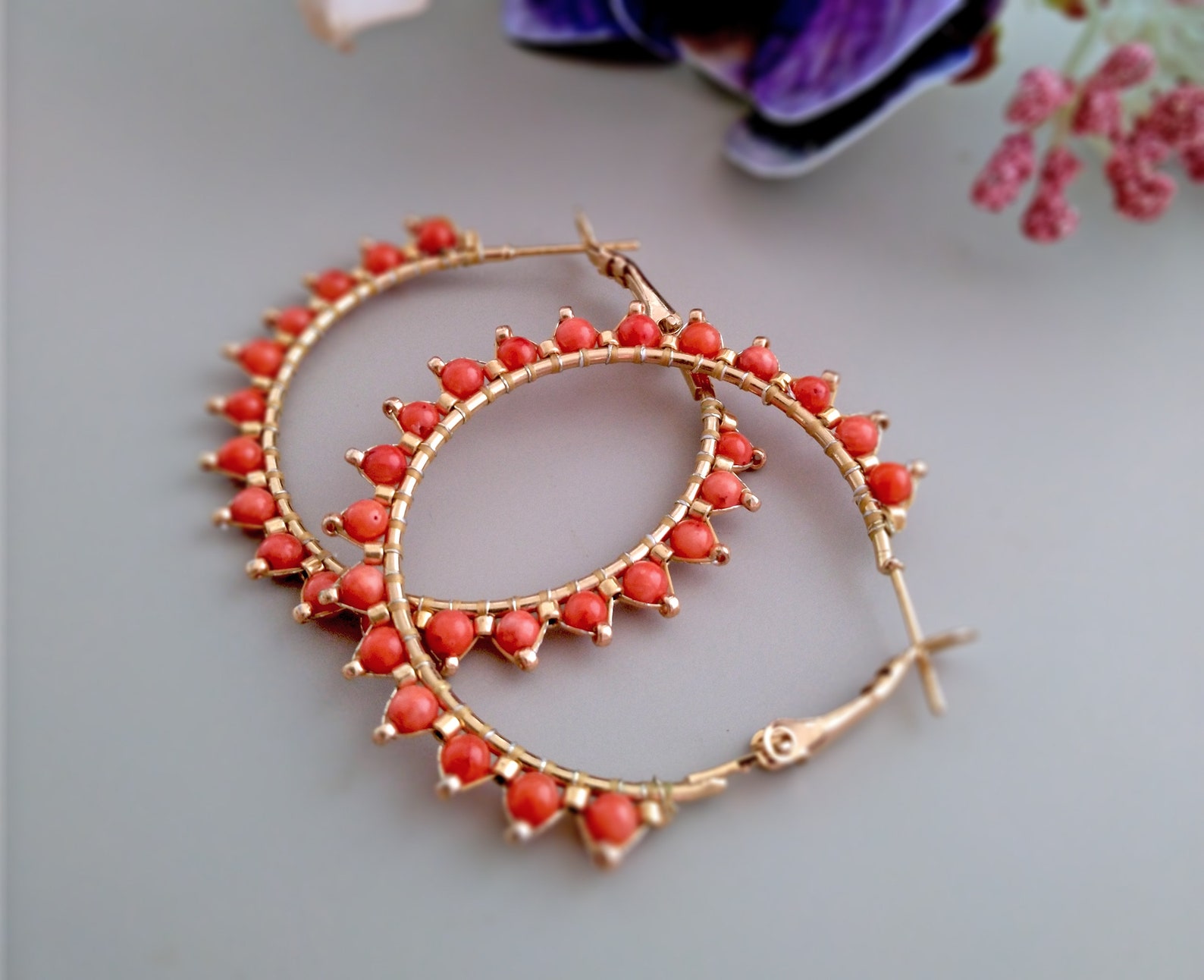 24K Gold Plated Congo Hoop Earrings: Coral Beaded Summer Jewelry - Etsy