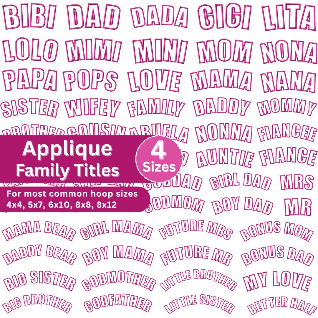 Applique Family Titles Embroidery Designs Bundle, Mom Dad Nana Mimi ...