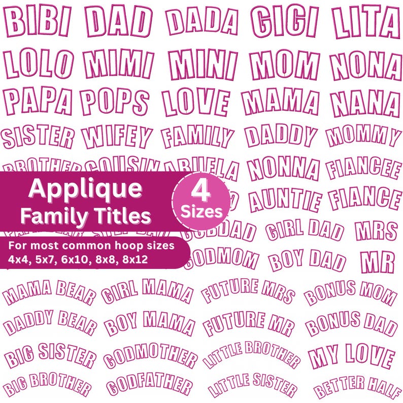 Applique Family Titles Embroidery Designs Bundle, Mom Dad Nana Mimi ...