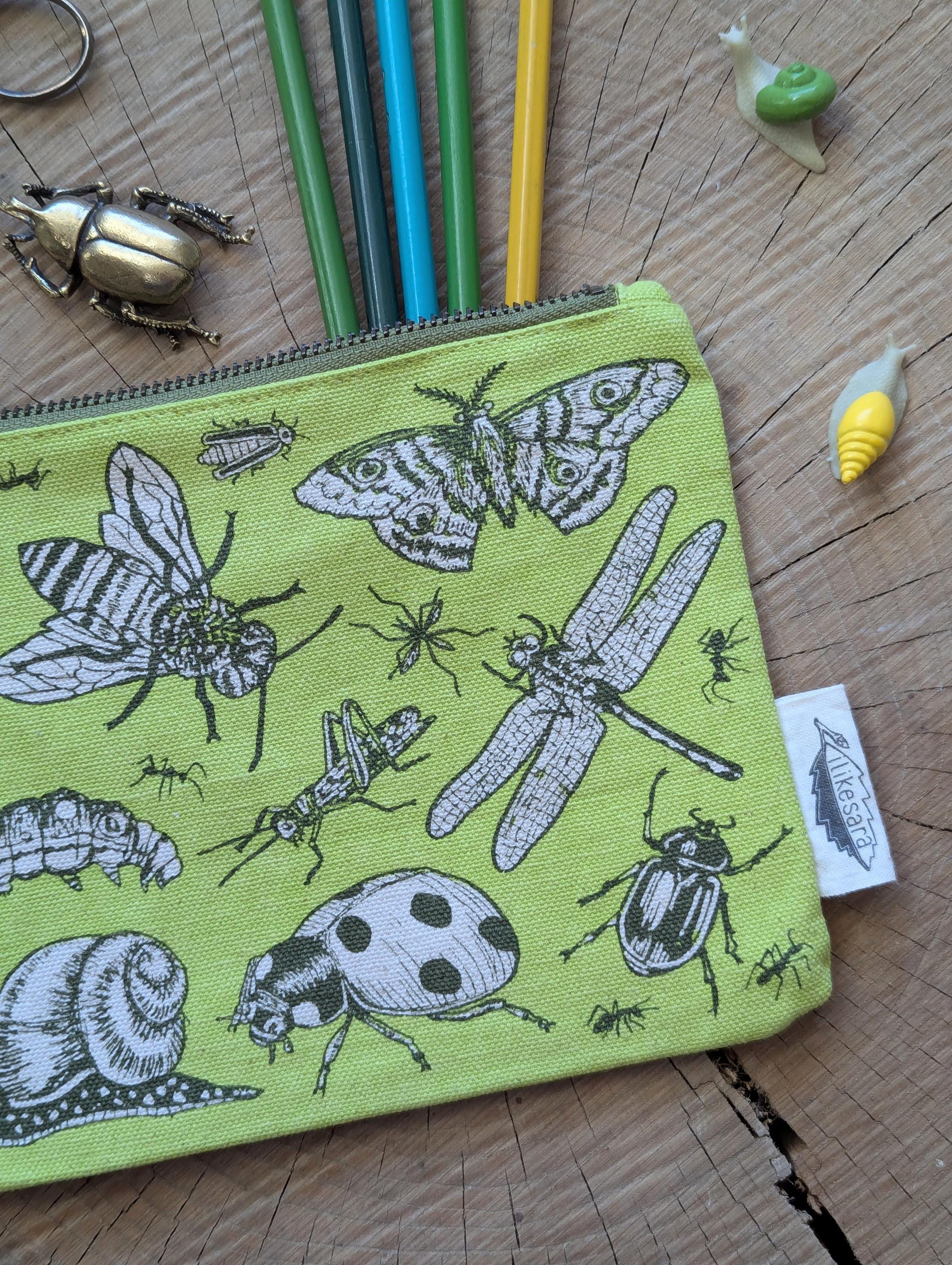 Insect Zipper Pouch: Hand Screenprinted Canvas Green Bug Bag Stocking ...