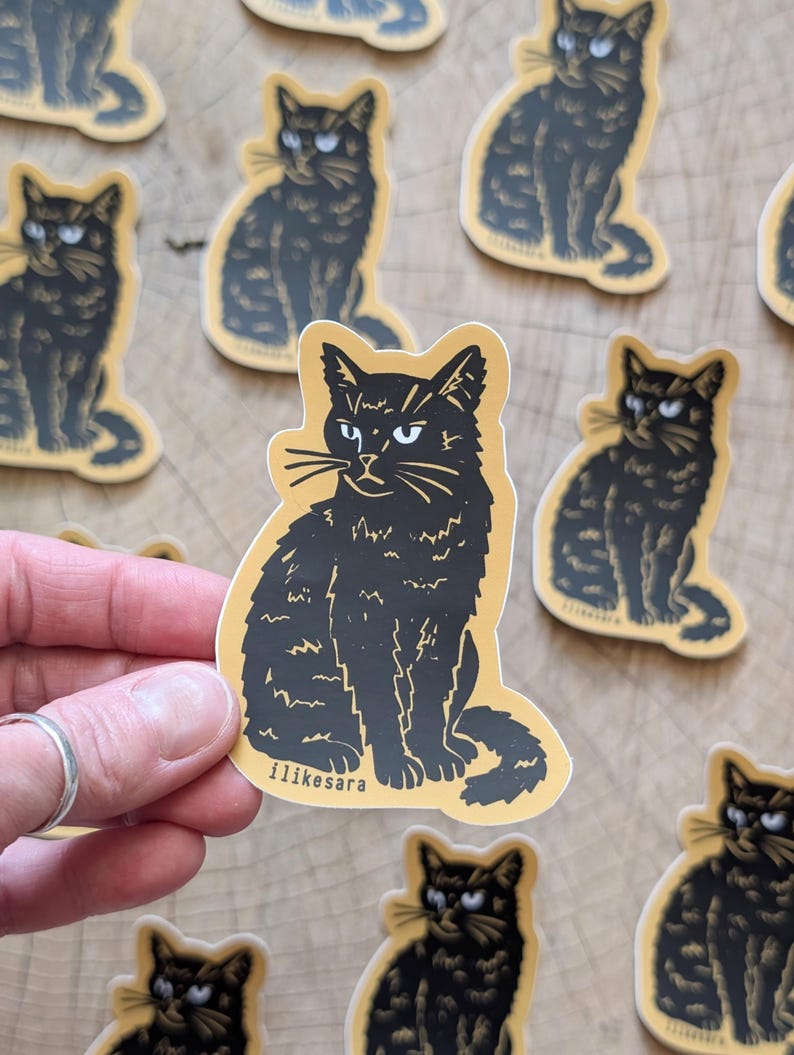 Disappointed Black Cat Sticker: Waterproof Vinyl Decal in Yellow and ...