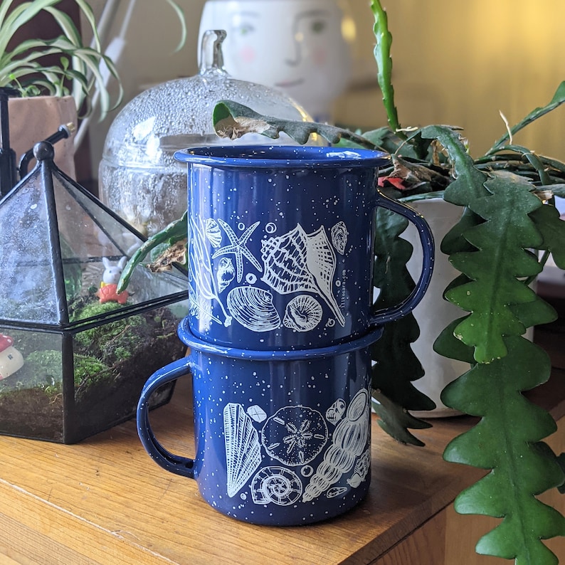Blue Beach Forage Enamel Camp Mug: Seashells, 12 Oz - Etsy
