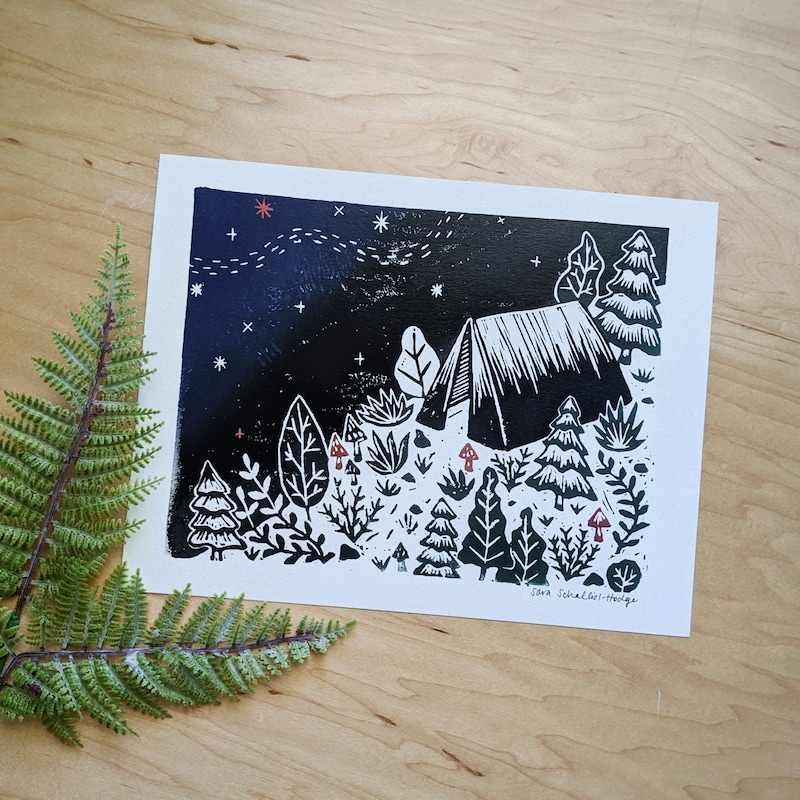 Camping Linocut Print - Etsy