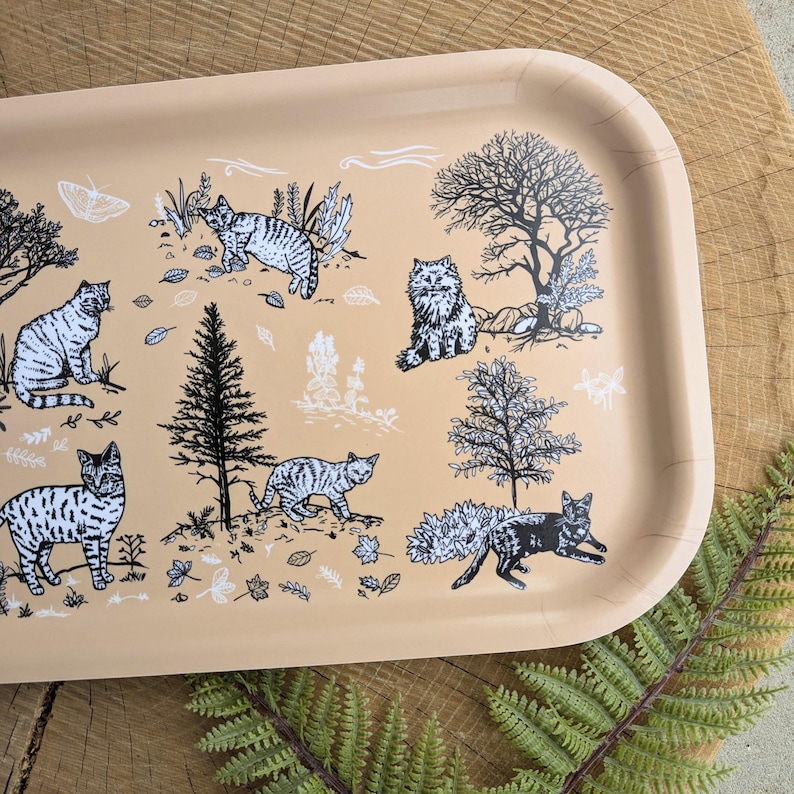 Outside Cats Wood Serving Tray: Whimsical Cat Home Decor Tan Dishwasher ...