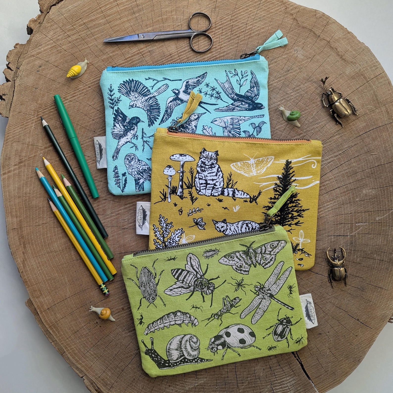 Insect Zipper Pouch: Hand Screenprinted Canvas Green Bug Bag Stocking ...